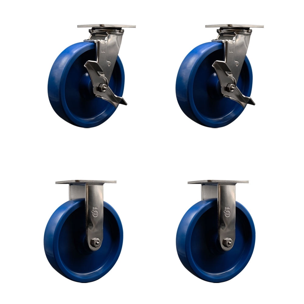 8 Inch 316SS Solid Poly Caster Set with Delrin Bearings 2 Brakes 2 ...