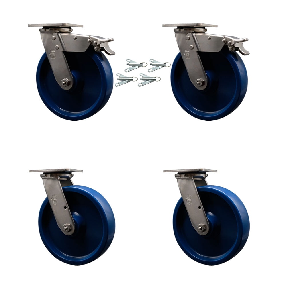 8 Inch 316SS Solid Poly Caster Set with Roller Bearings 2 Swivel Locks ...