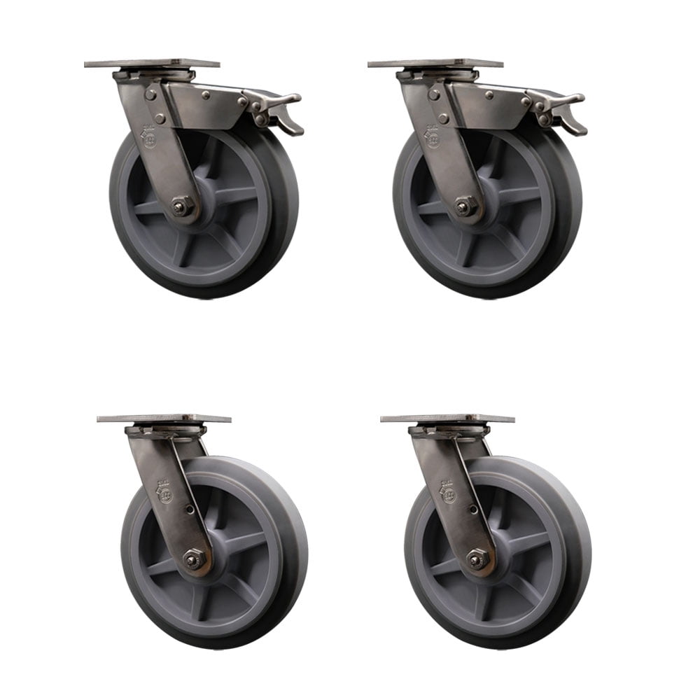 8 Inch 316SS Thermo Flat Tread Swivel Caster Set with Roller Bearings 2 ...