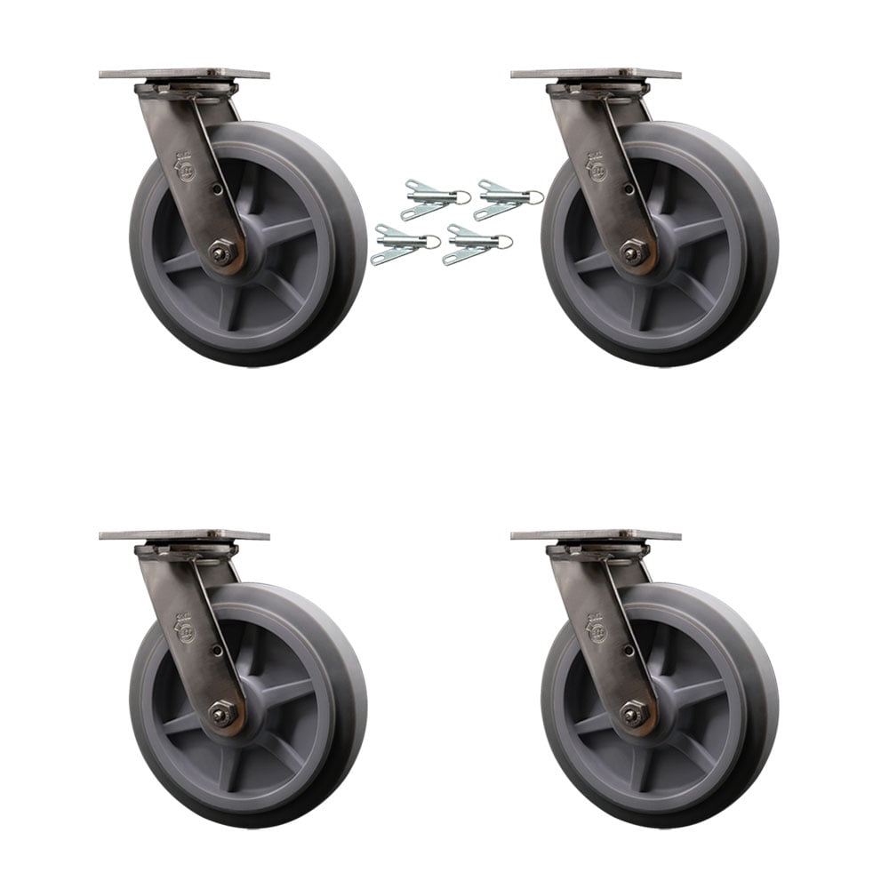 8 Inch 316SS Thermo Rubber Flat Tread Swivel Caster Set w/Ball Bearing ...