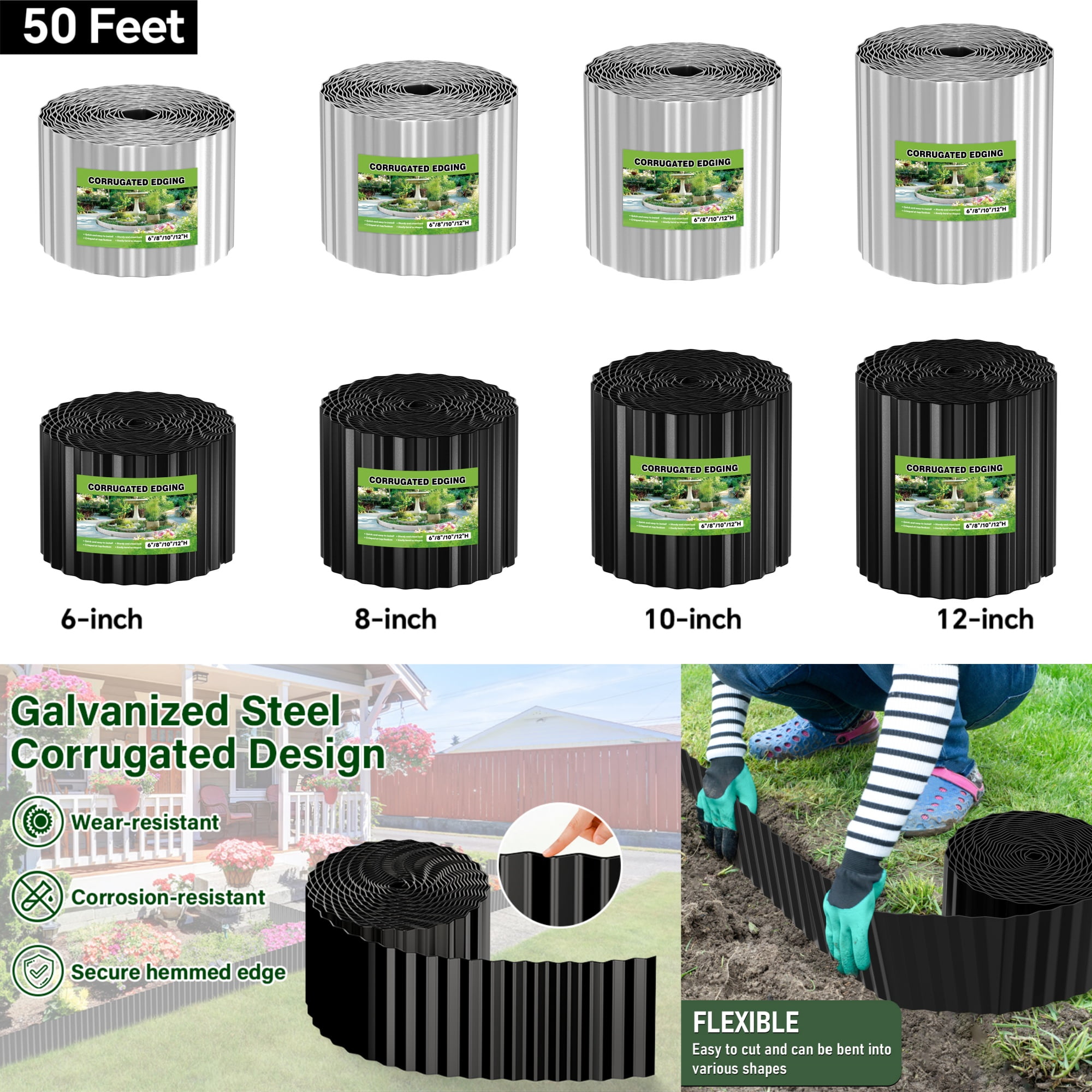 8 Inch 50 FT Garden Landscape Edging Border Galvanized Sturdy Metal ...