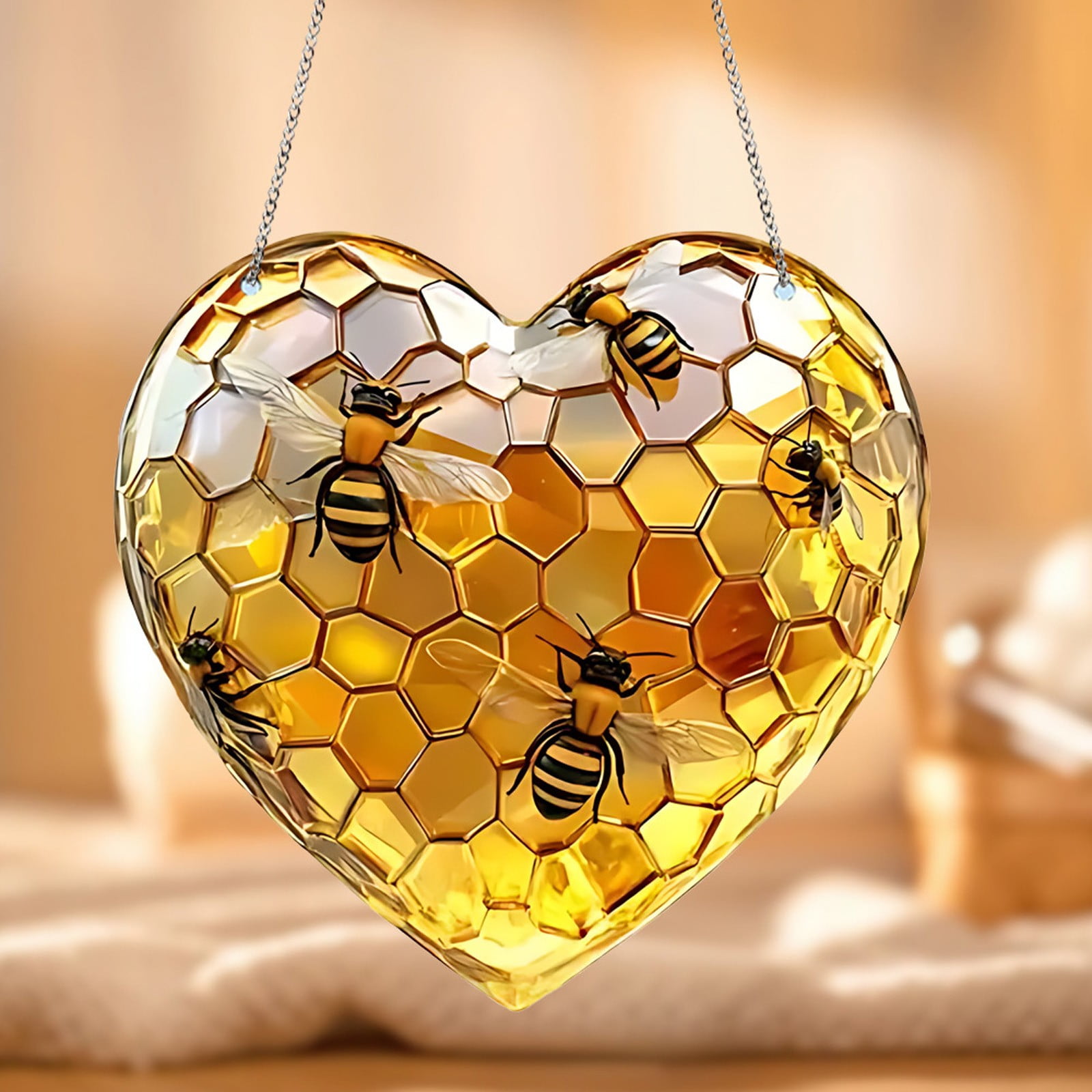 8 Inch Bee Heart Shaped Acrylic Stained Glass Window Hanging Decor ...