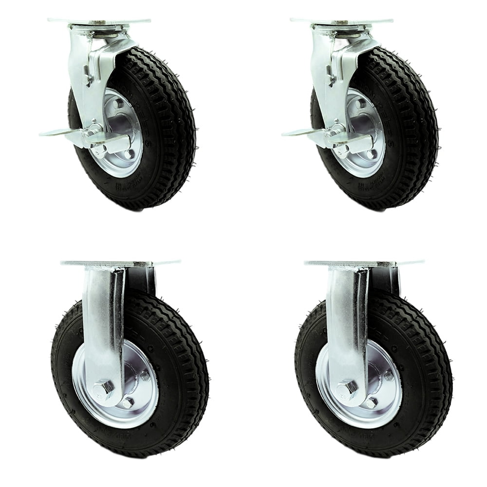 8 Inch Black Pneumatic Wheel Caster Set 2 Swivel with Brakes and 2 ...