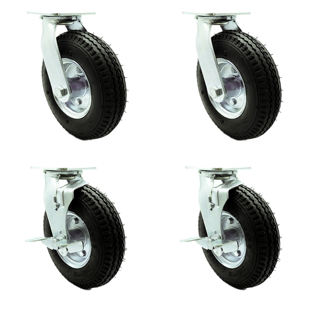 8 Inch Black Pneumatic Wheel Caster Set 4 Swivel with 2 Brakes Service ...