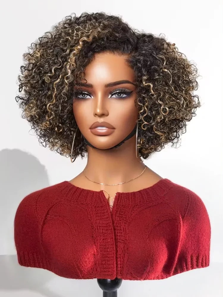 8 Inch Blonde Highlights, Short Curly Human Hair Wig, Glueless, Pre ...