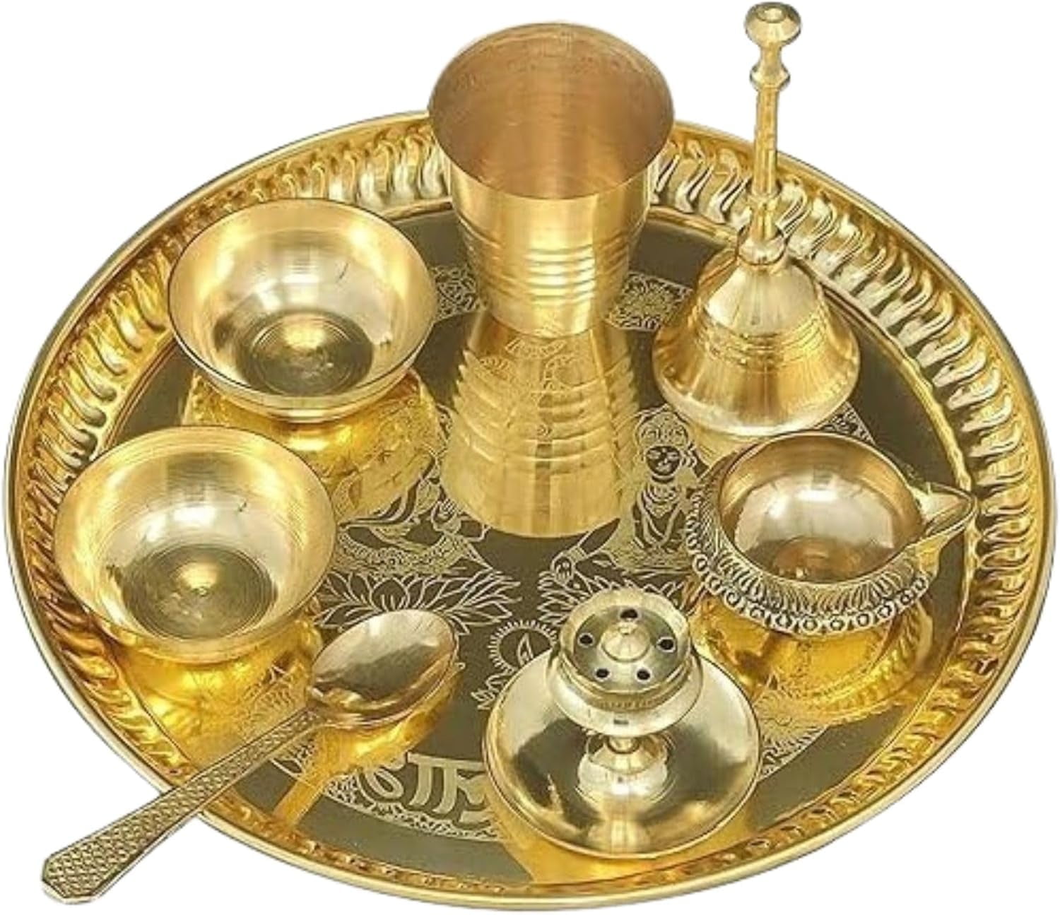 8 Inch Brass Pooja Thali Set with Pital Plate Glass Spoon Ghanti Bowl ...