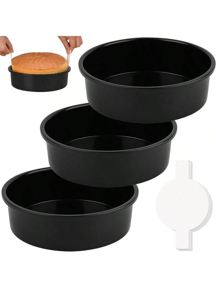 8 Inch Cake Pan Set of 3 with 100 Parchment Papers, Non-Stick ...