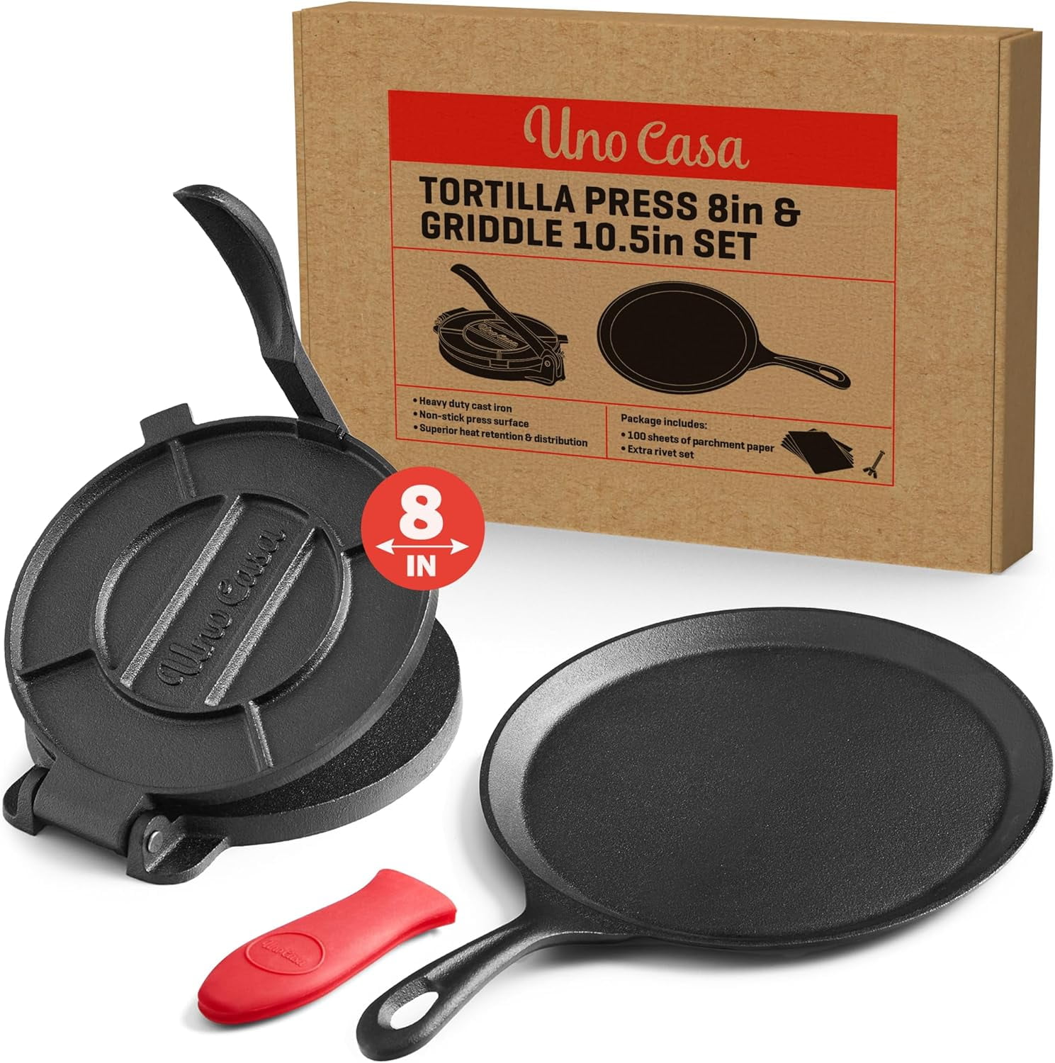 8 Inch Cast Iron Tortilla Press with Cast Iron Comal Pan - Bundle of ...
