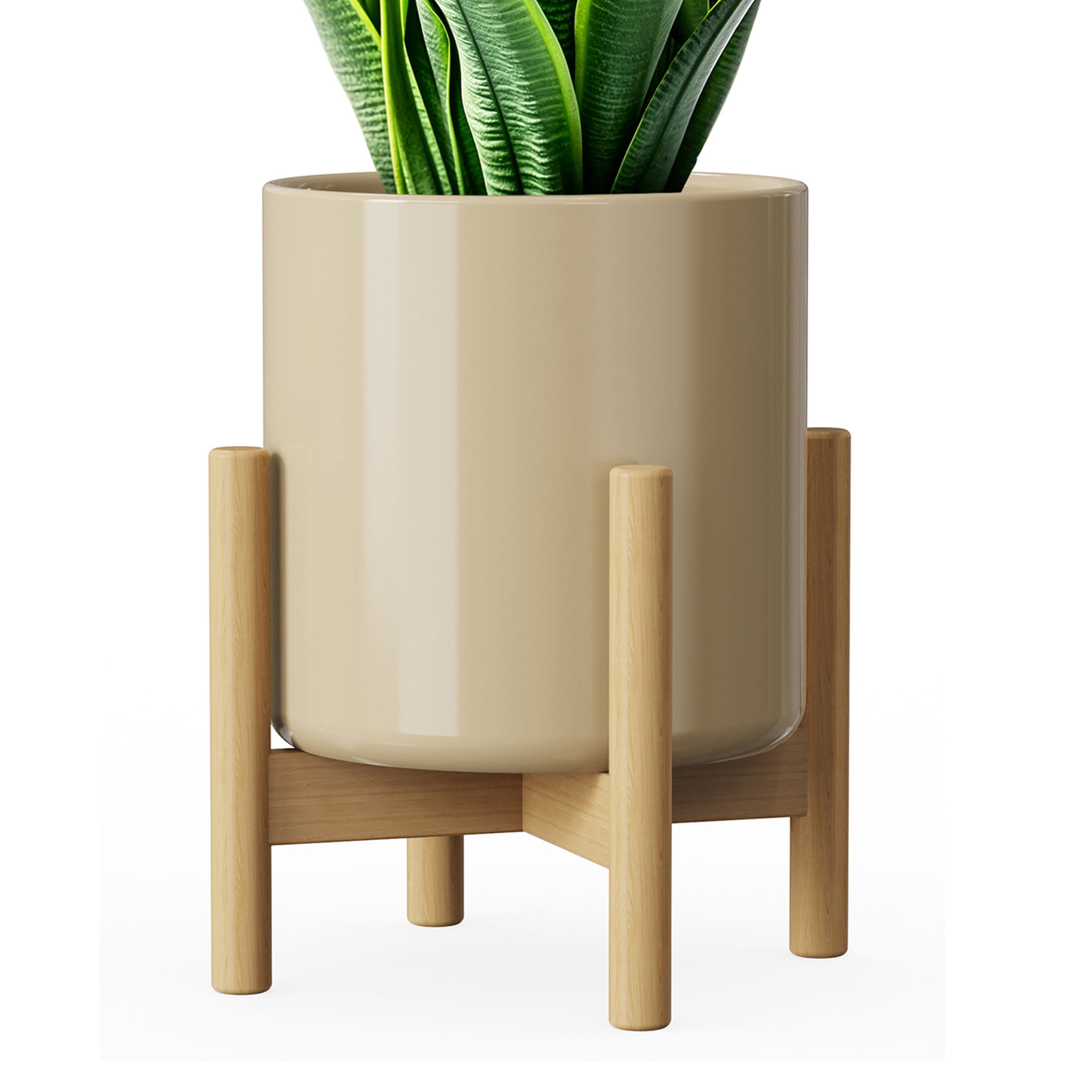 8 Inch Ceramic Planter with Wood Stand, Mid-Century Modern Minimalist ...