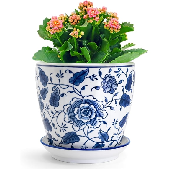 8 Inch Ceramic Planters for Indoor Plants, Blue and White Chinoiserie ...