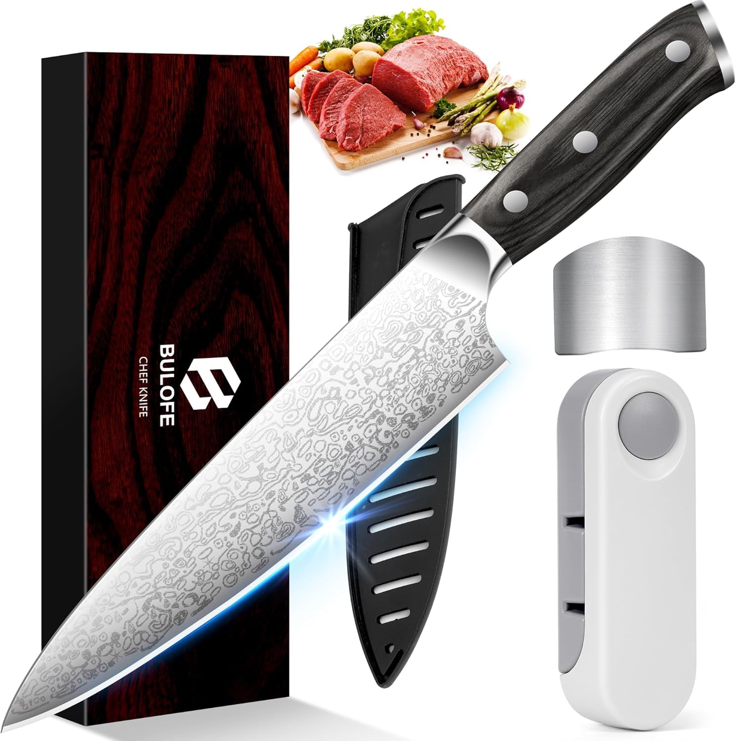 8 Inch Chef Knife, Kitchen Knife with Sharpener and Finger Guard ...