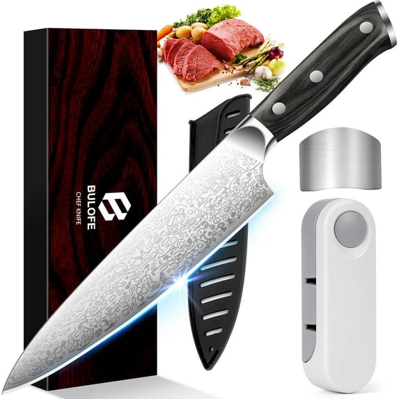 8 Inch Chef Knife, Kitchen Knife with Sharpener and Finger Guard ...