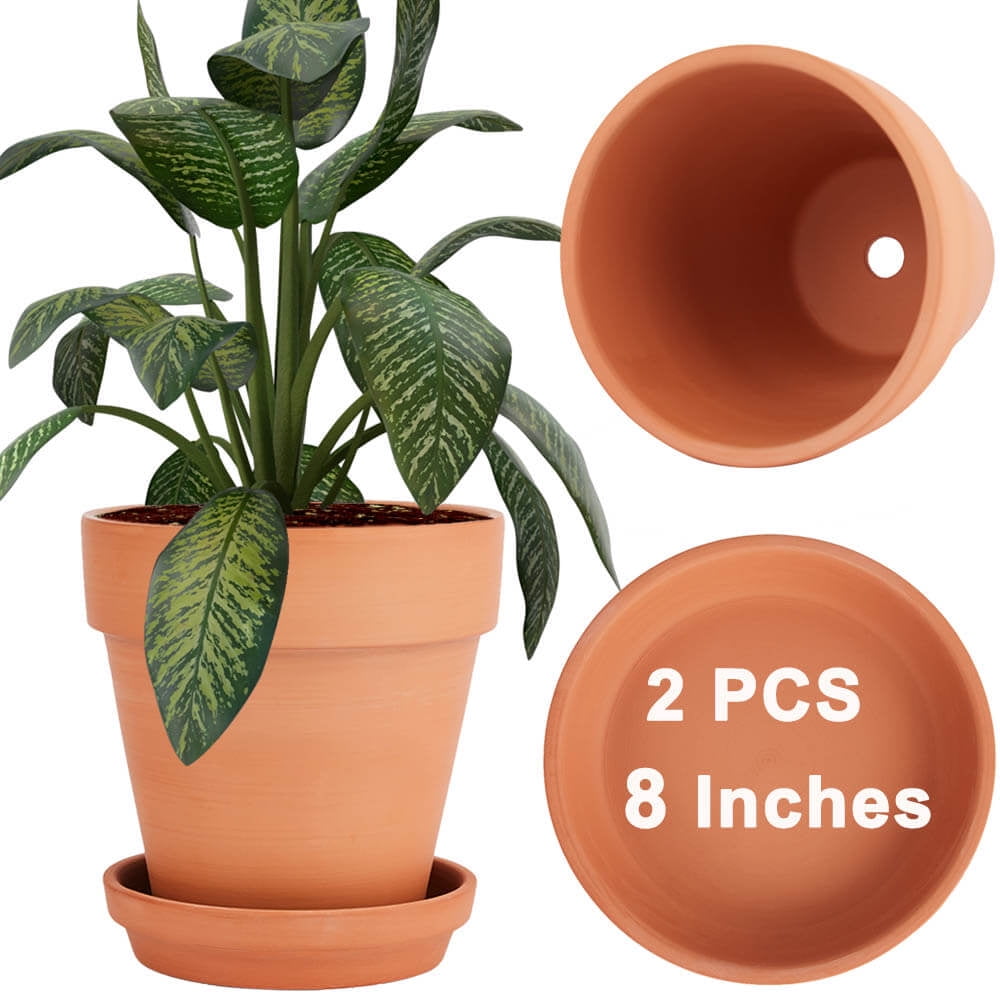8 Inch Clay Pot for Plant with Saucer - 2 Pack Large Terra Cotta Plant ...