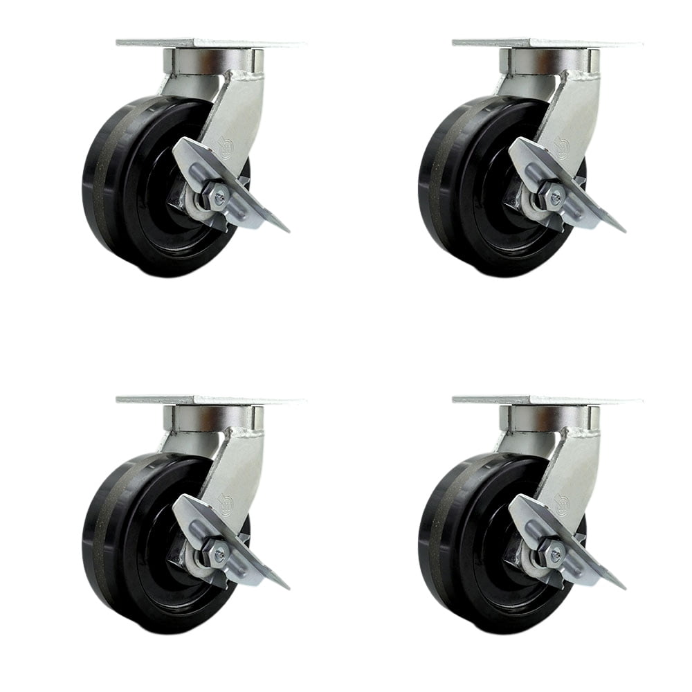 8 Inch Extra Heavy Duty Phenolic Wheel Caster Set 4 Brakes 2 Swivel ...