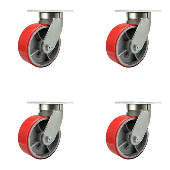8 Inch Extra Heavy Duty Red Poly on Cast Iron Wheel Swivel Caster Set ...