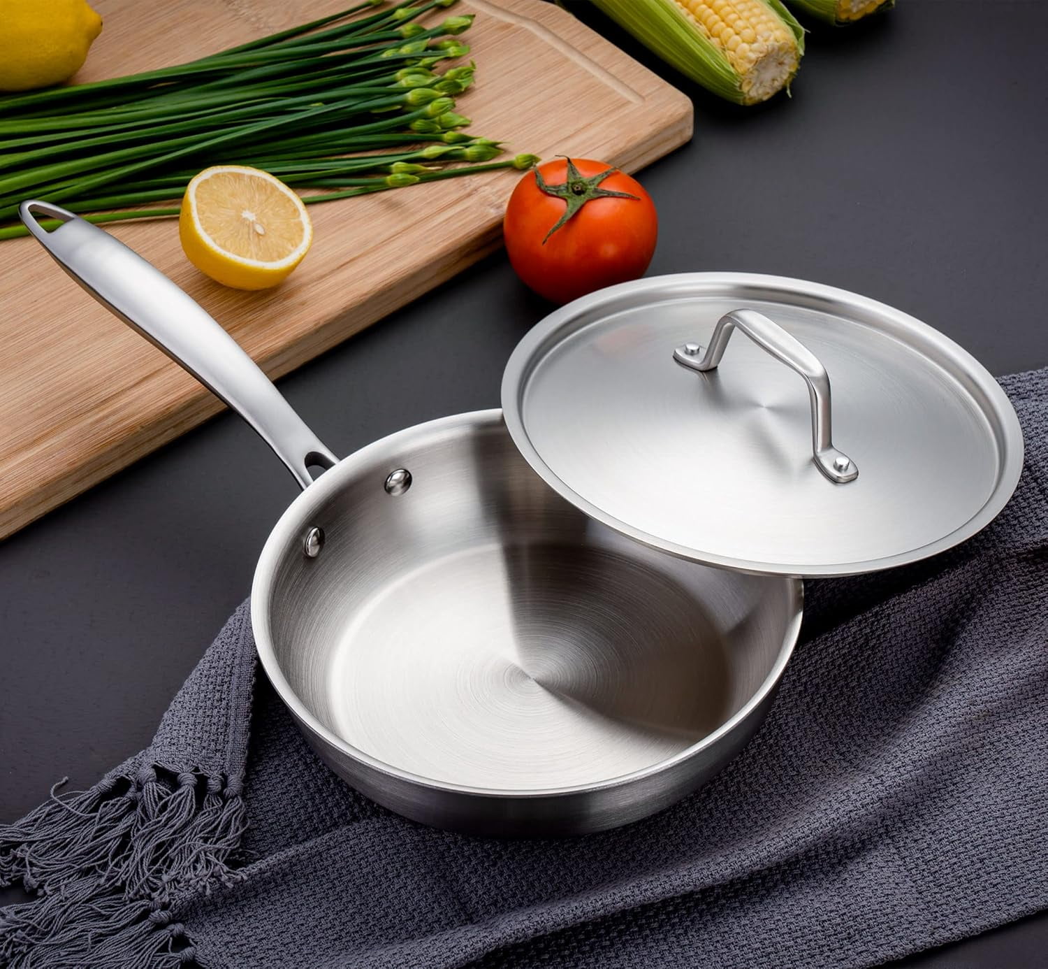 8-Inch Fry Pan with Lid, 3-ply Skillet, 18/8 Stainless Steel ...