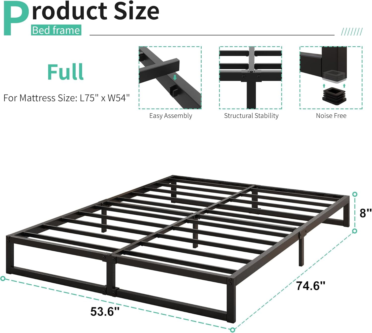 8 Inch Full Bed Frame No Box Spring Needed, Heavy Duty Metal Platform ...