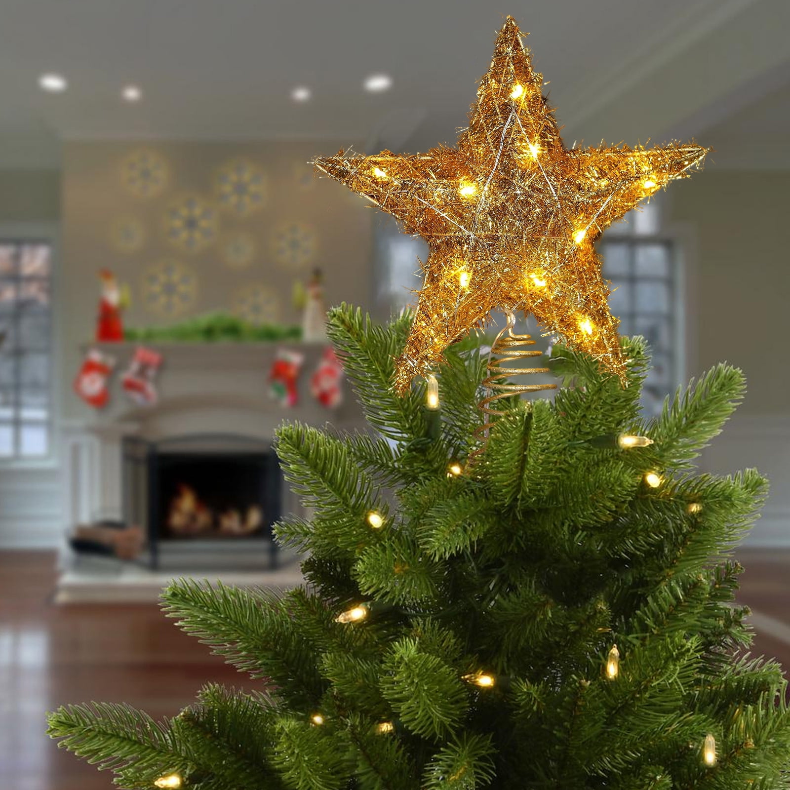 8 Inch Glittering Christmas Tree Topper Star with Lights - Gold Star ...