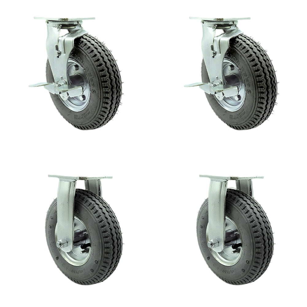 8 Inch Gray Pneumatic Wheel Caster Set 2 Swivel with Brake Swivel Lock ...