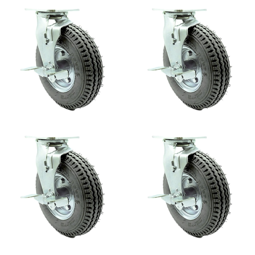 8 Inch Gray Pneumatic Wheel Swivel Casters with Brakes Set Service ...