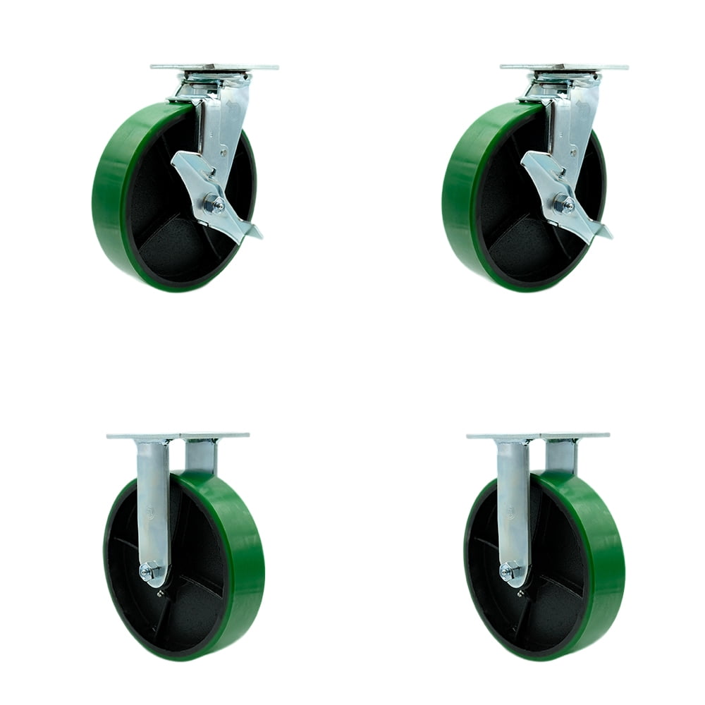 8 Inch Green Poly on Cast Iron Caster Set with Ball Bearings 2 Brakes 2 ...