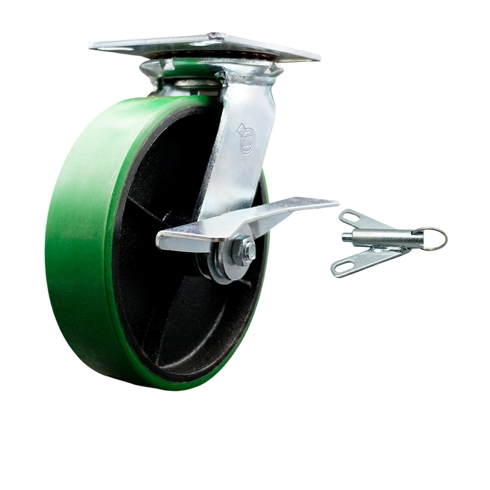 8 Inch Green Poly on Cast Iron Caster with Ball Bearing and Brake ...