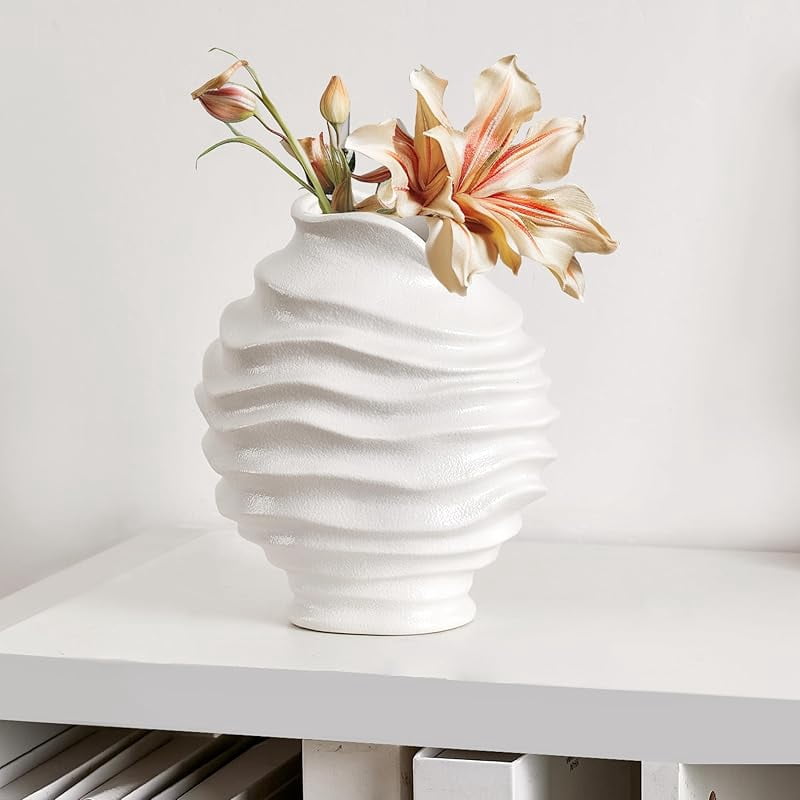 8 Inch Handmade Snowflake Glaze White Ceramic Vase,Asymmetric Wave ...