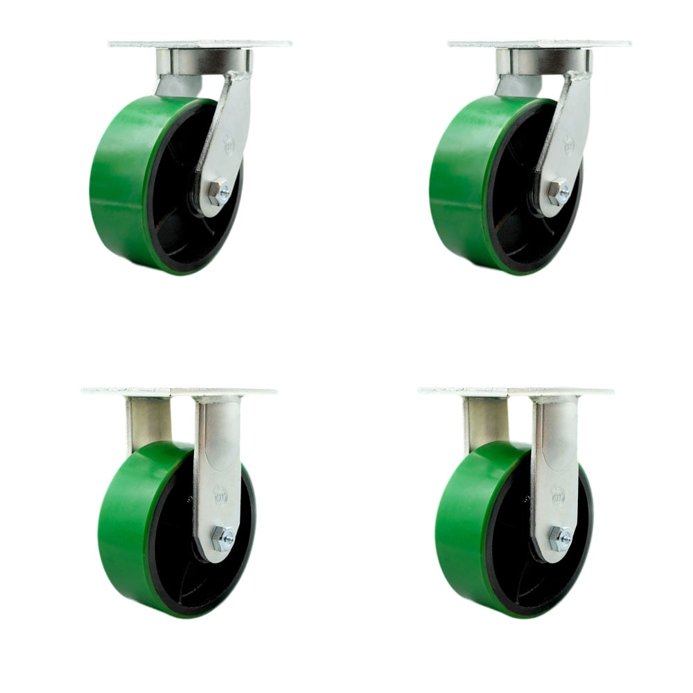 8 Inch Heavy Duty Green Poly on Cast Iron Caster Set 2 Swivel Locks 2 ...