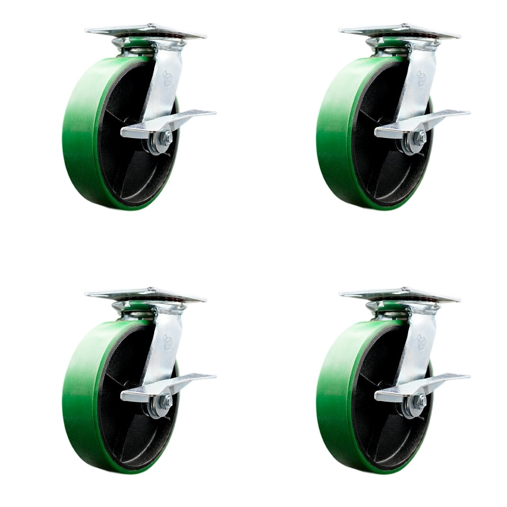 8 Inch Heavy Duty Green Poly on Cast Iron Caster Set with Ball Bearing ...