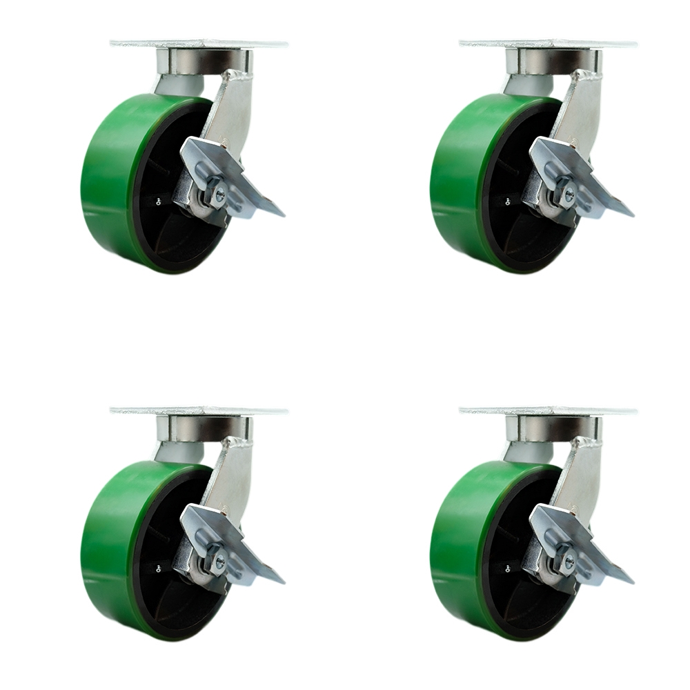 8 Inch Heavy Duty Green Poly on Cast Iron Swivel Caster Set with Brakes ...