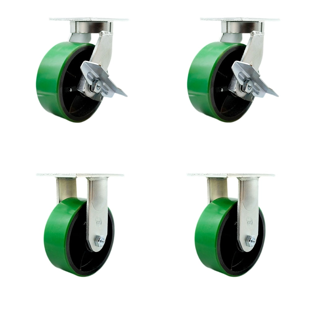 8 Inch Heavy Duty Green Poly on Cast Iron Wheel Caster Set 2 Brakes 2 ...
