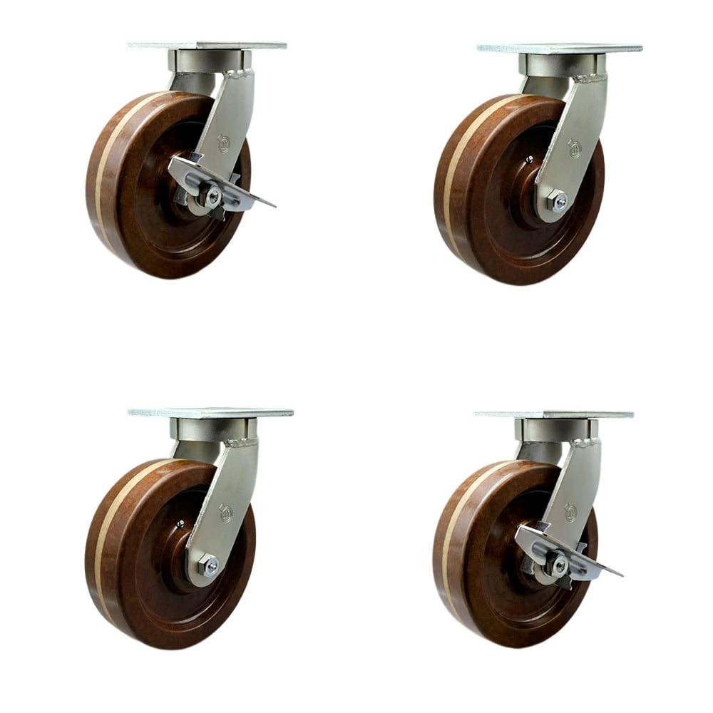 8 Inch Heavy Duty High Temp Phenolic Swivel Caster Set 2 Swivel Locks 2 ...