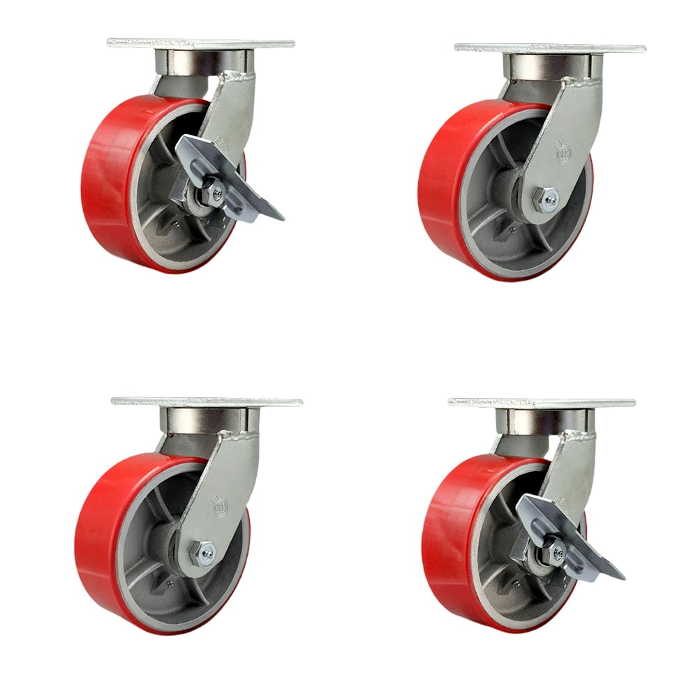 8 Inch Heavy Duty Red Poly on Cast Iron Caster Set 2 Swivel Lock 2 ...