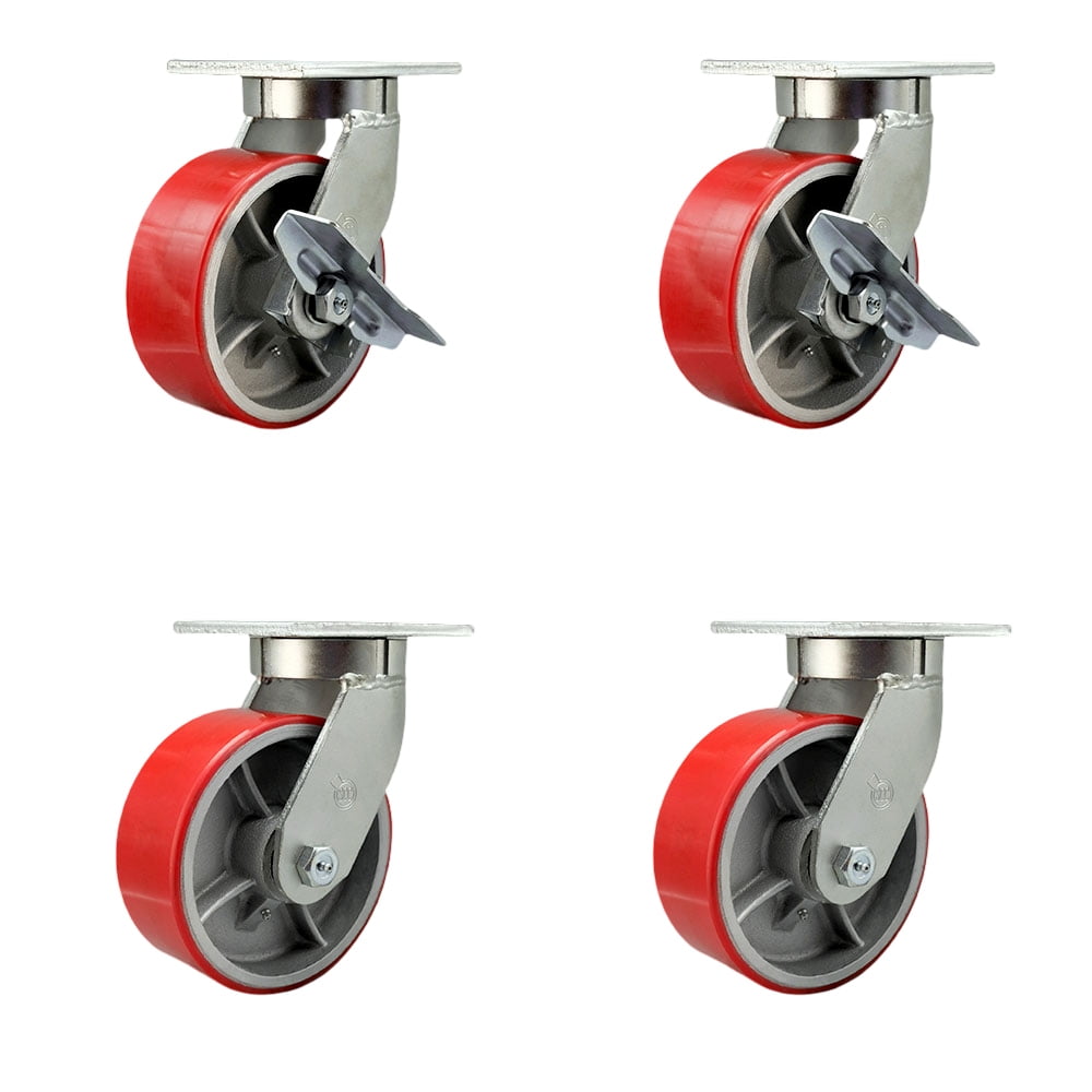 8 Inch Heavy Duty Red Poly on Cast Iron Caster Set 4 Swivel Locks 2 ...