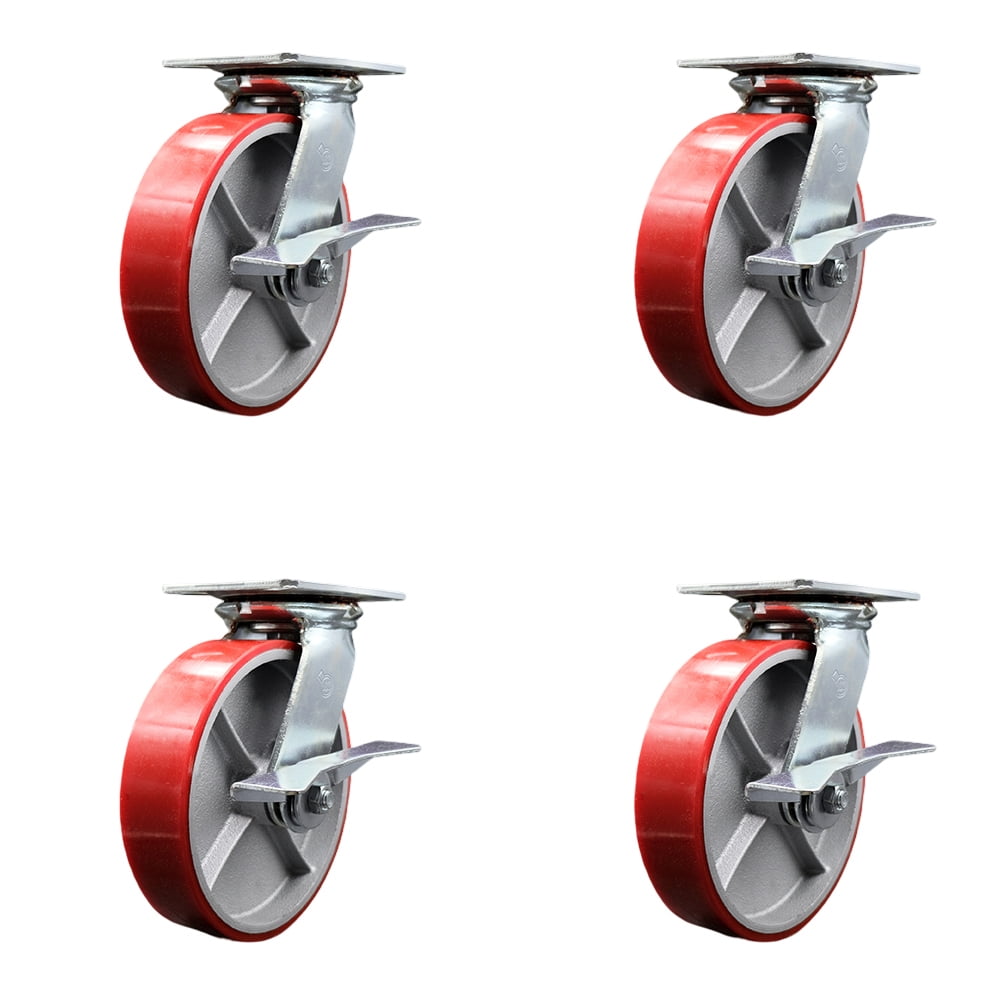 8 Inch Heavy Duty Red Poly on Cast Iron Caster Set with Ball Bearing ...