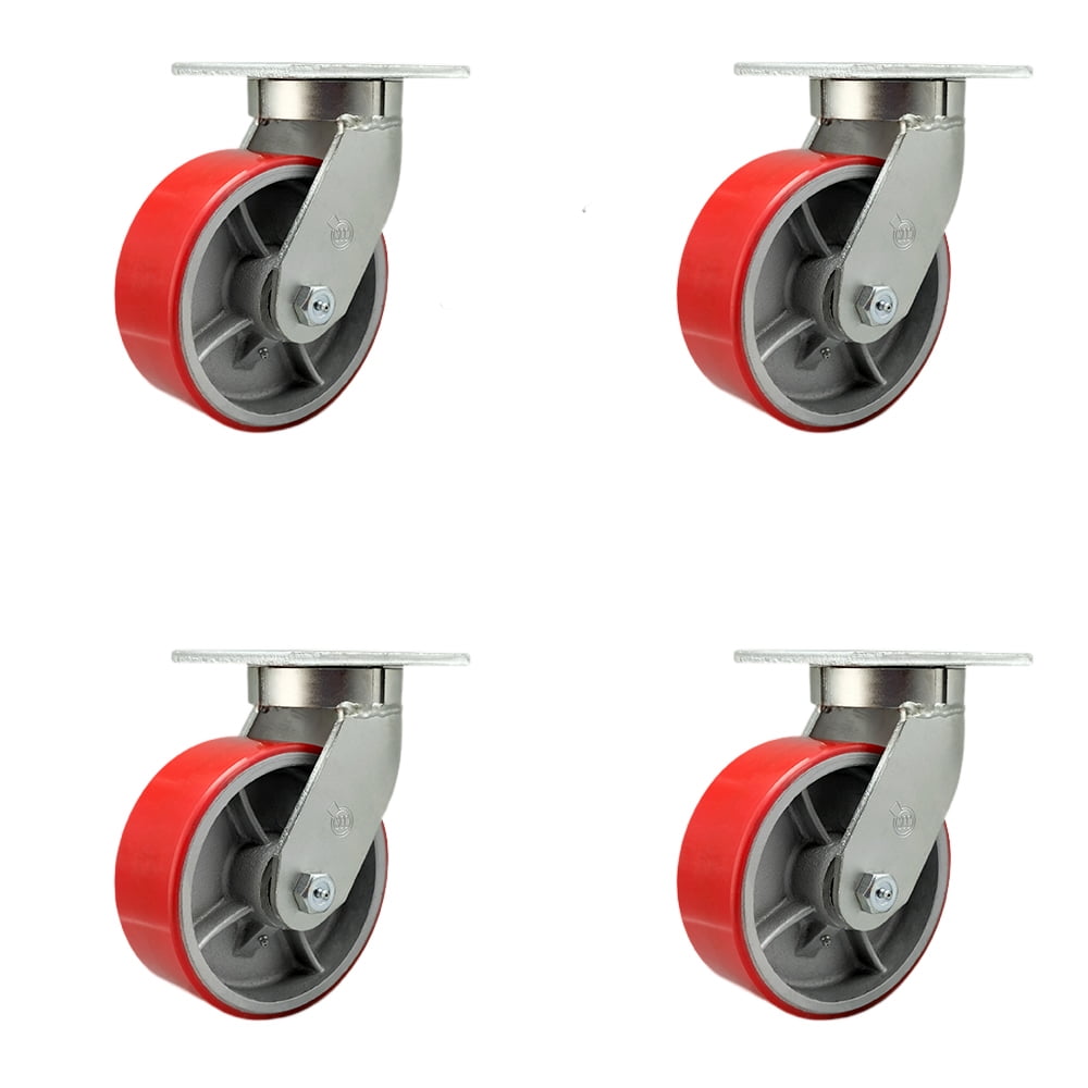 8 Inch Heavy Duty Red Poly on Cast Iron Caster Set with Swivel Locks ...