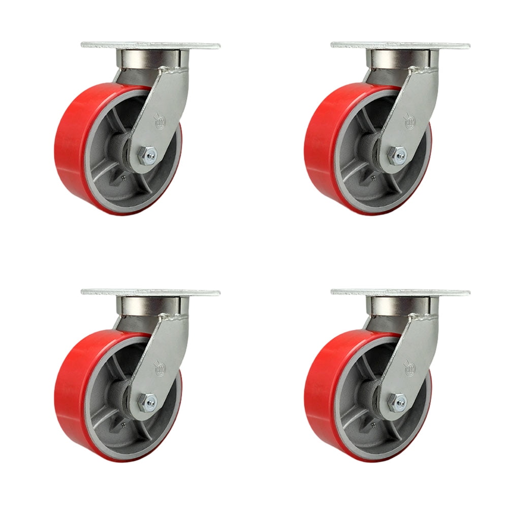 8 Inch Heavy Duty Red Poly on Cast Iron Swivel Caster Set with 2 Swivel ...