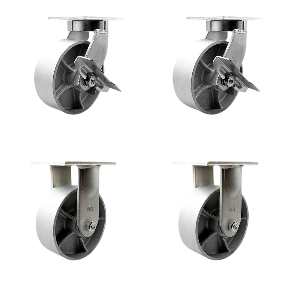 8 Inch Heavy Duty Semi Steel Cast Iron Wheel Caster Set 2 Brakes 2 ...