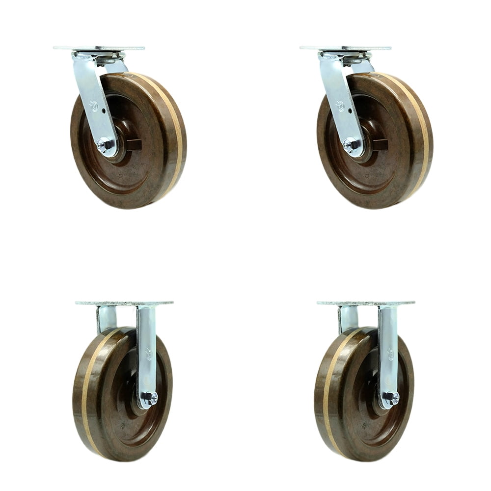 8 Inch High Temp Phenolic Caster Set w/Bronze Bearings 2 Swivel Locks 2 ...