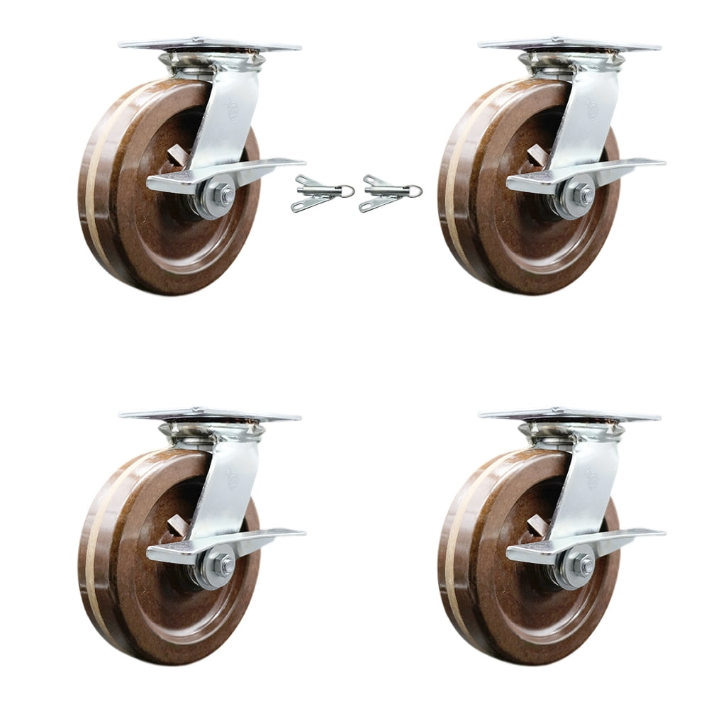 8 Inch High Temp Phenolic Caster Set with Roller Bearing 4 Brake 2 ...