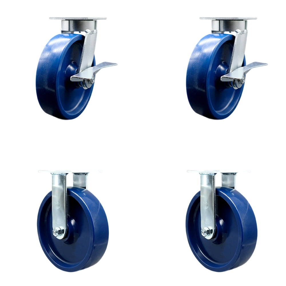 8 Inch KP Solid Poly Caster Set with Ball Bearings 2 Brakes 2 Rigid SCC ...