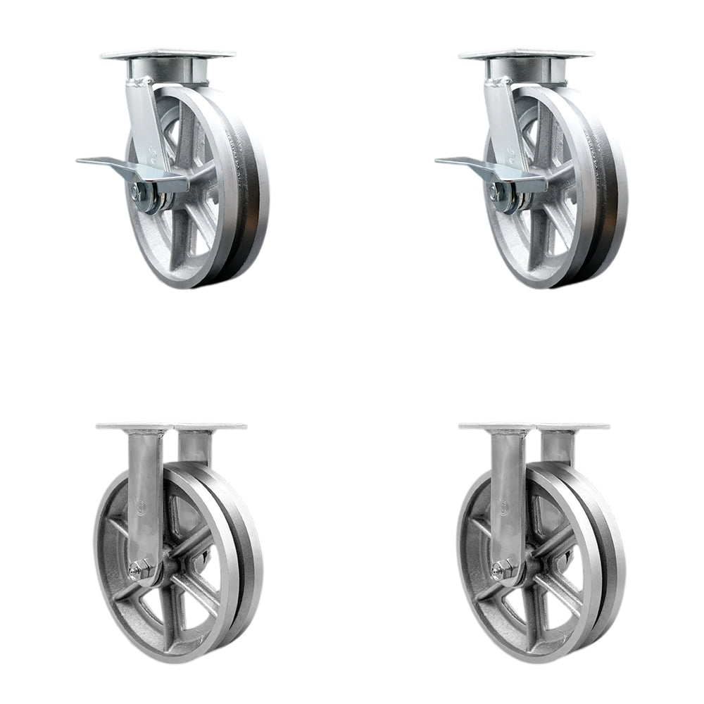 8 Inch KP V-Groove Semi Steel Caster Set with Bronze Bearings 2 Brakes ...