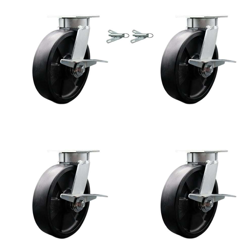 8 Inch Kingpinless Glass Filled Nylon Wheel Caster Set 4 Brakes 2 ...