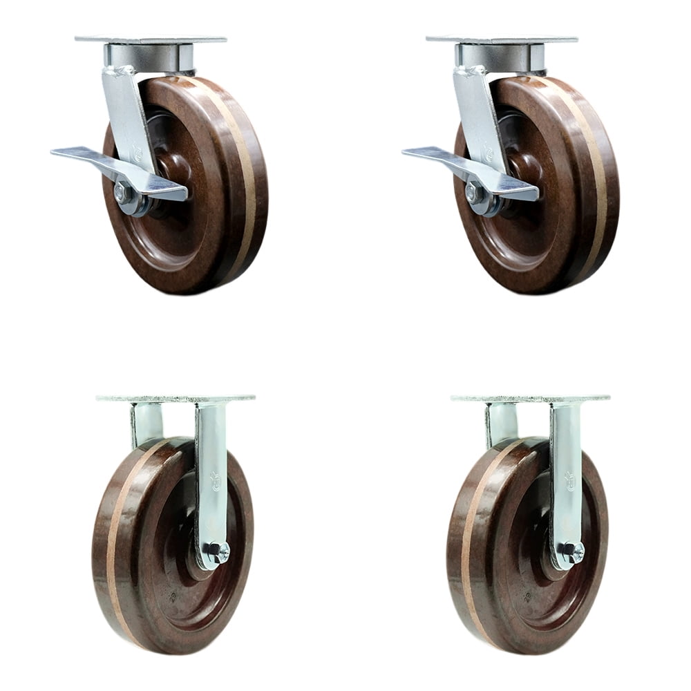 8 Inch Kingpinless High Temp Phenolic Wheel Caster Set 2 Brakes 2 Rigid ...