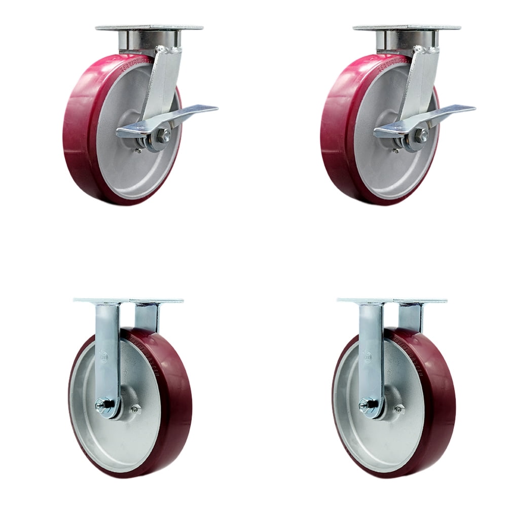 8 Inch Kingpinless Poly on Aluminum Wheel Caster Set 2 Brakes 2 Rigid ...