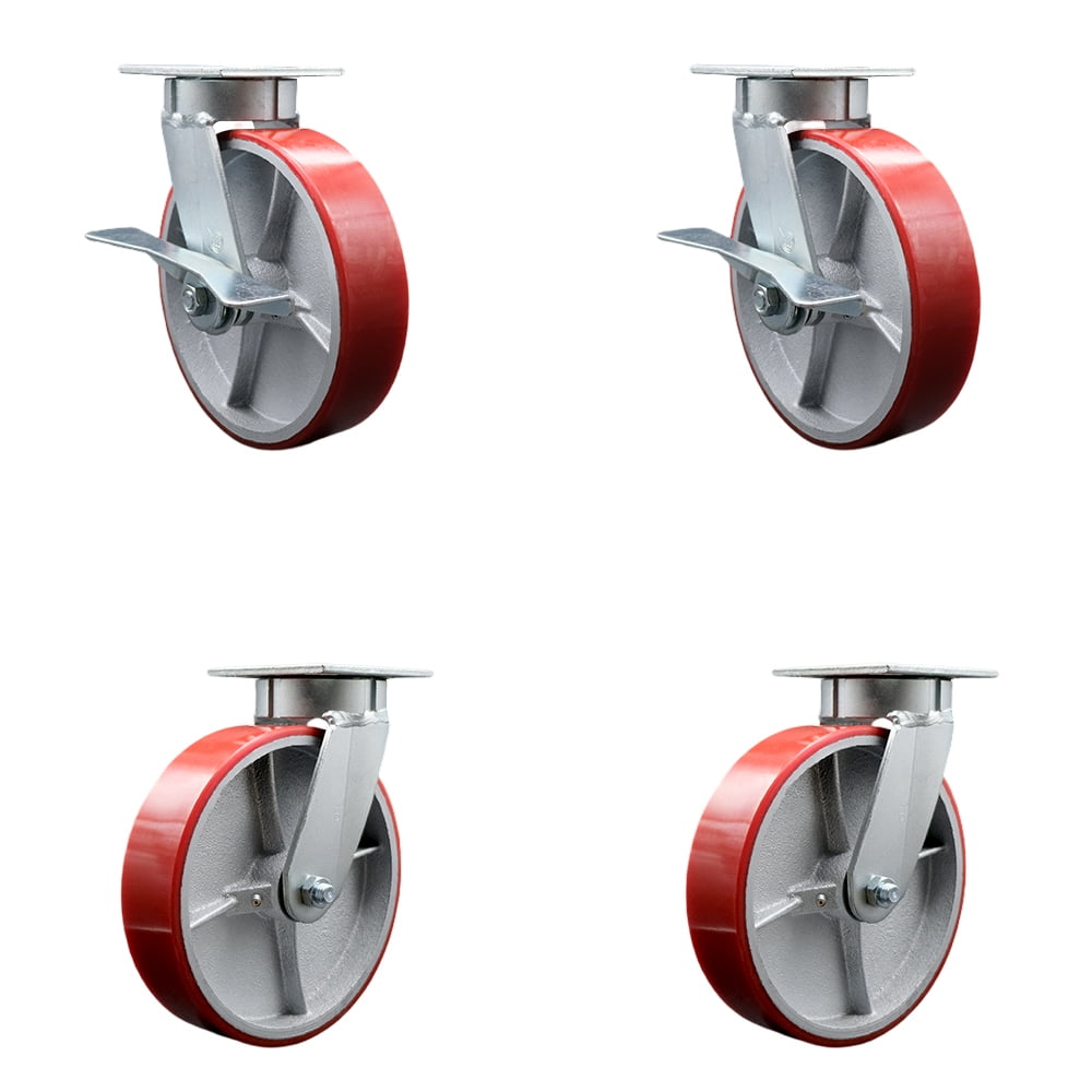 8 Inch Kingpinless Red Poly on Steel Wheel Caster Set 4 Swivel Locks 2 ...
