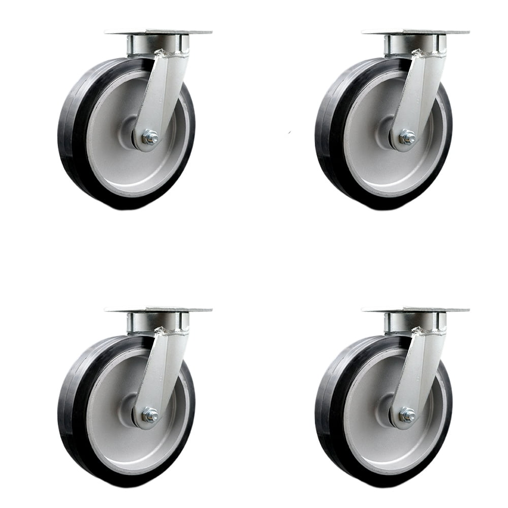 8 Inch Kingpinless Rubber on Aluminum Wheel Swivel Caster Set with ...