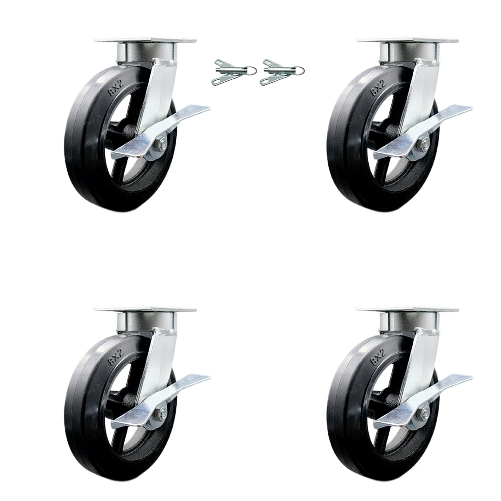 8 Inch Kingpinless Rubber on Steel Wheel Caster Set 4 Brakes 2 Swivel ...