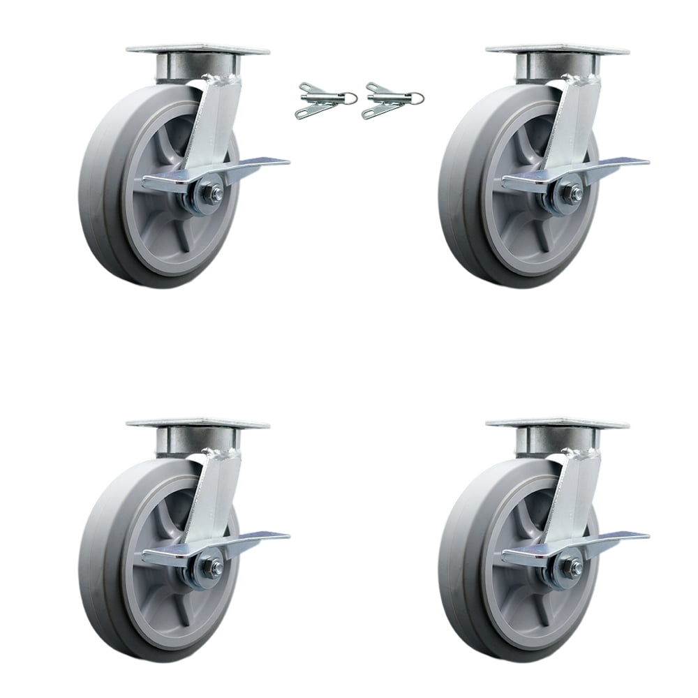8 Inch Kingpinless Thermoplastic Rubber Wheel Caster Set 4 Brakes 2 ...