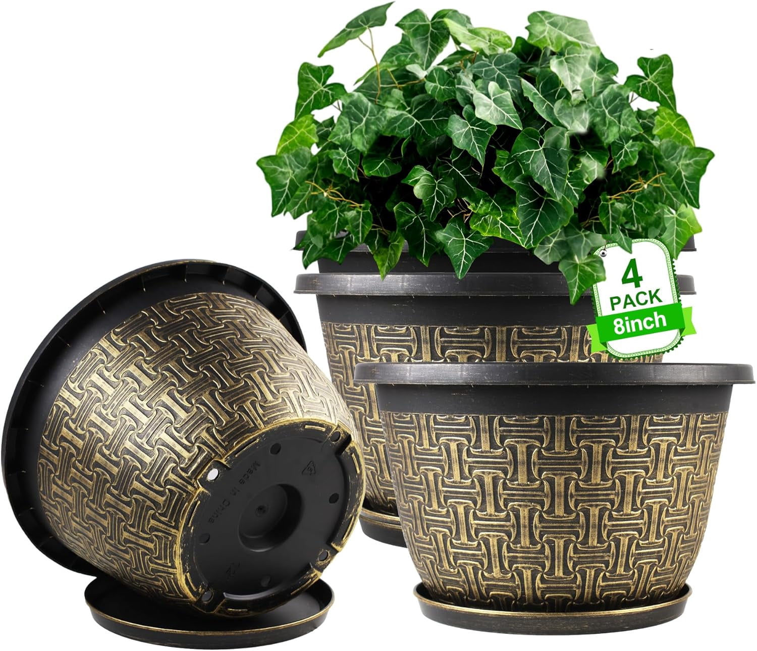 8 Inch Plant Pots, 4 Pack Flower Pot Outdoor with Drainage Holes ...